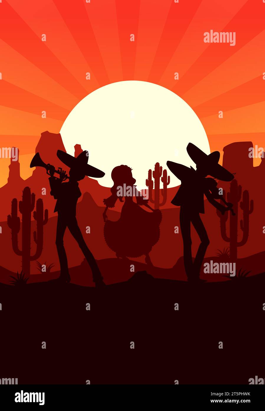 Sunset at Mexican desert. Silhouettes of dancing woman and mariachi ...