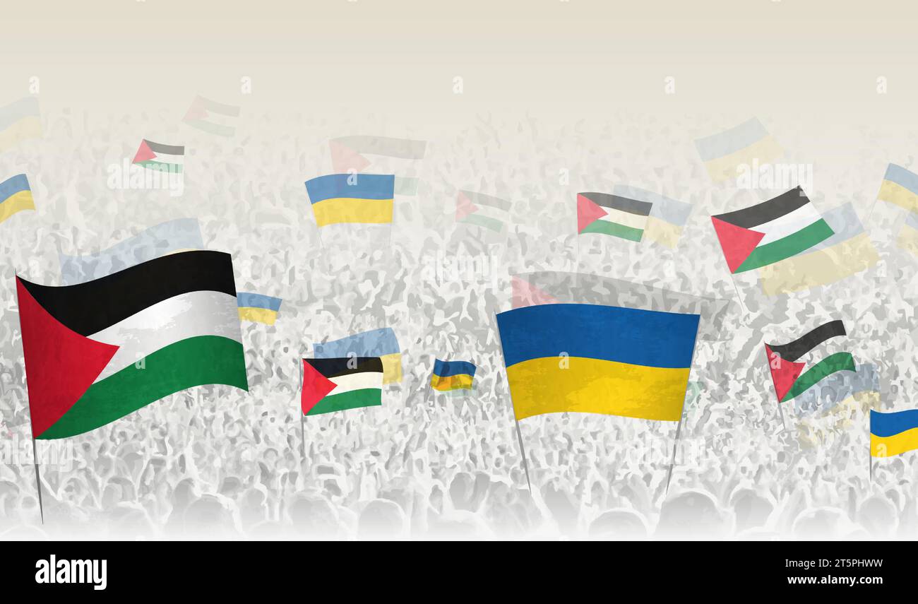 Palestine and Ukraine flags in a crowd of cheering people. Crowd of ...