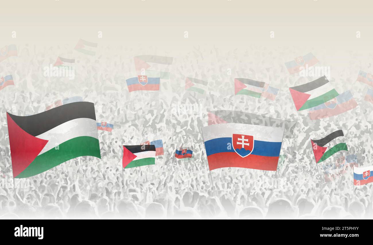 Palestine and Slovakia flags in a crowd of cheering people. Crowd of ...