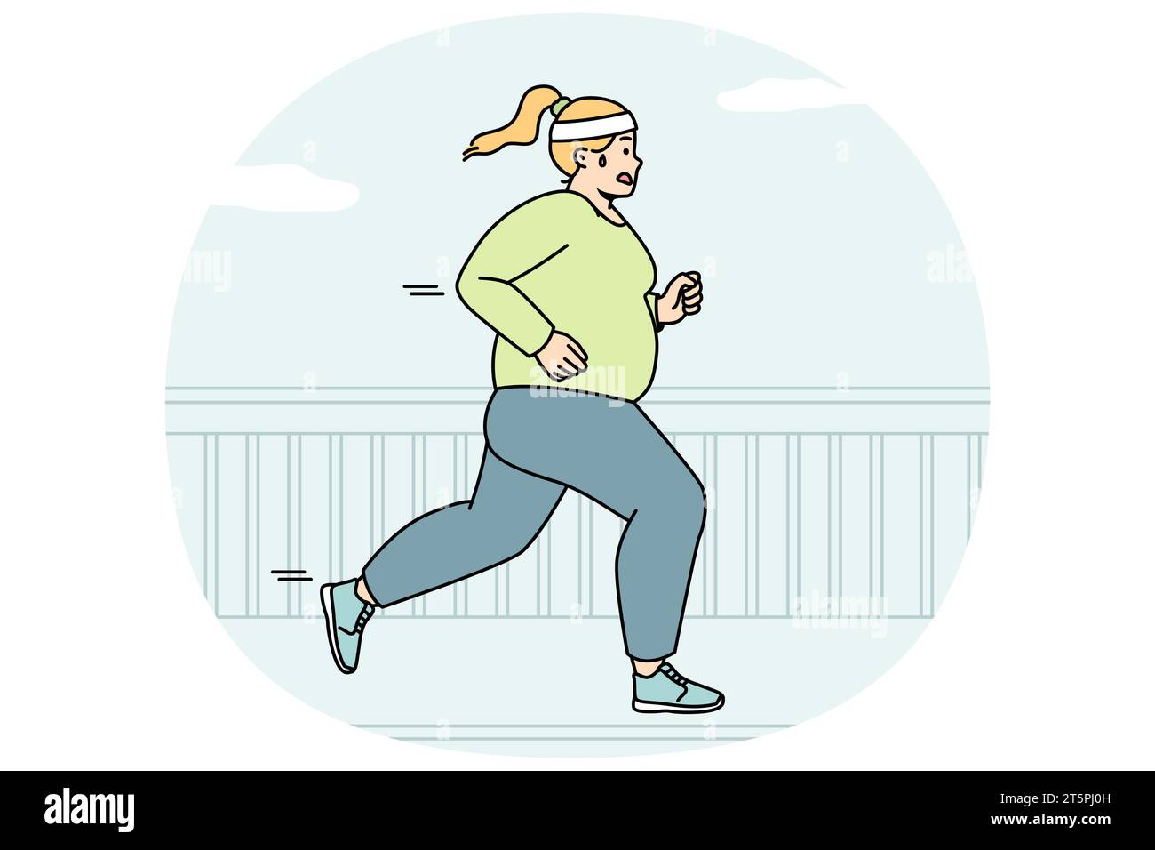 Chubby woman running at street to be fit. Fat girl makes cardio workout ...