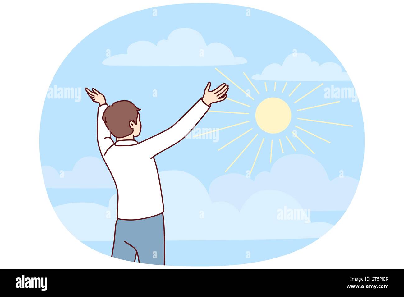 Happy young man stretch hands welcome sun in nature. Smiling female ...