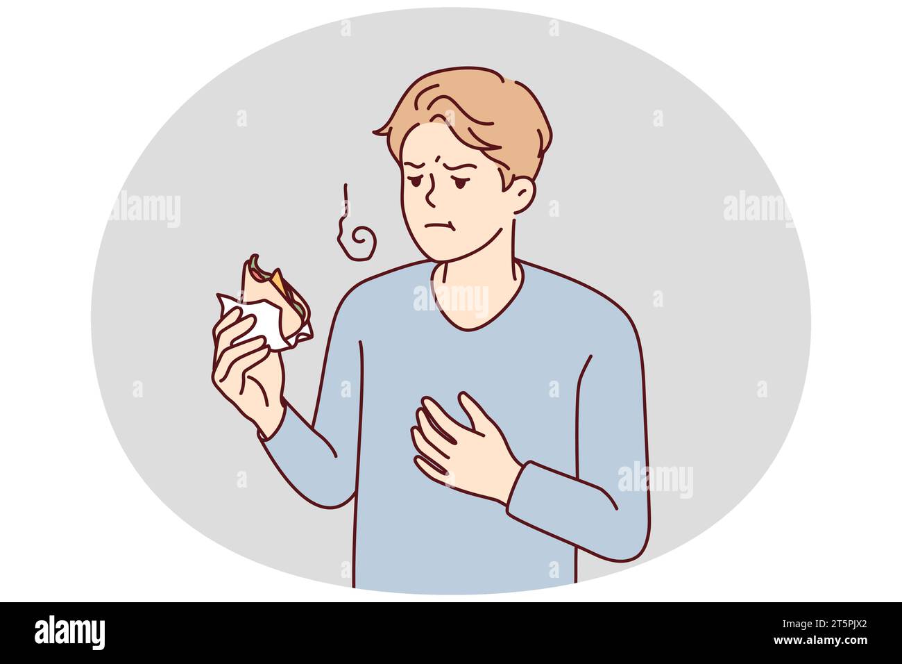 Unwell young man feel bad eating sandwich. Unhealthy guy have ...
