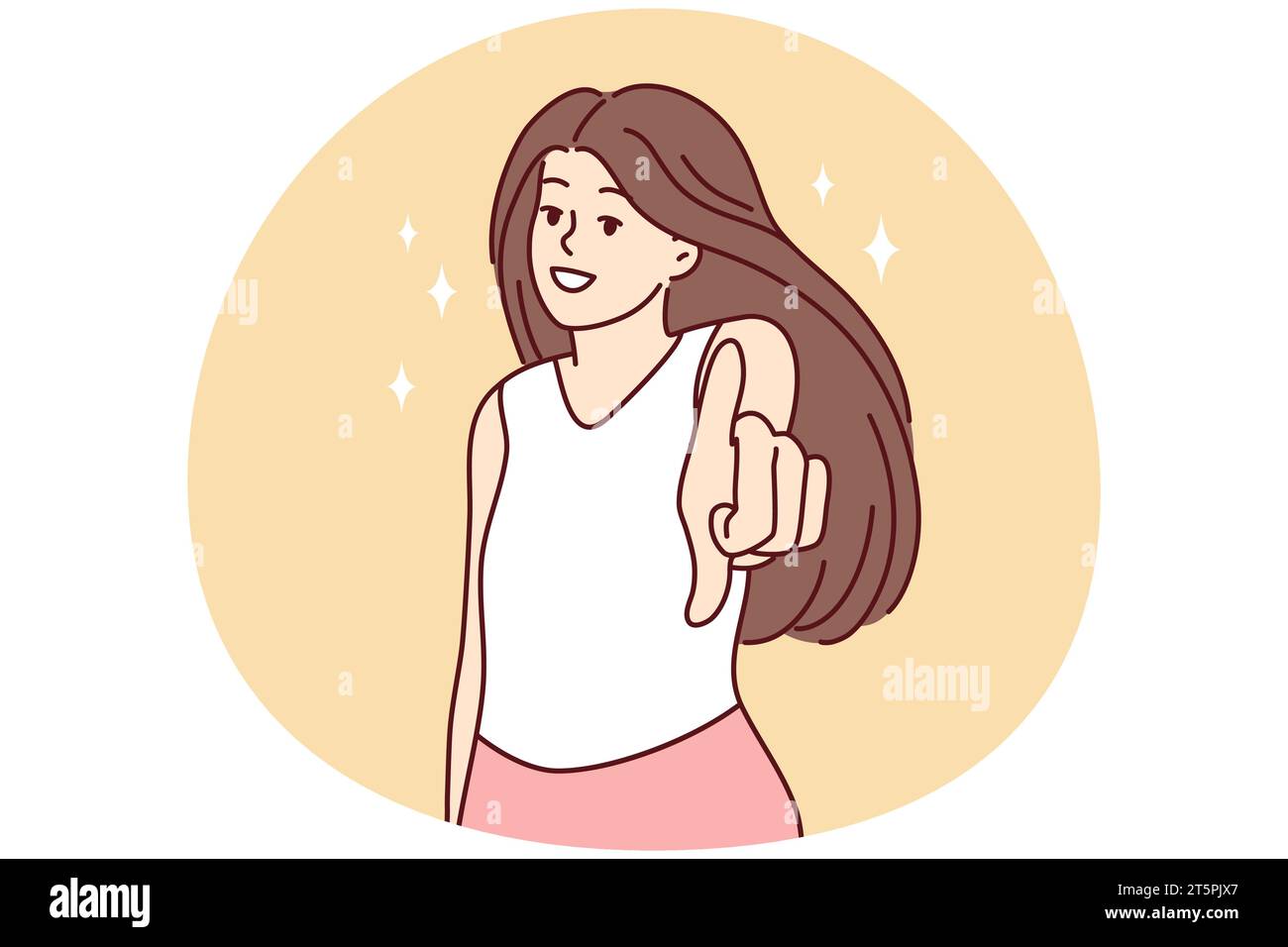 Smiling woman look at camera making hand gesture. Happy female point at ...