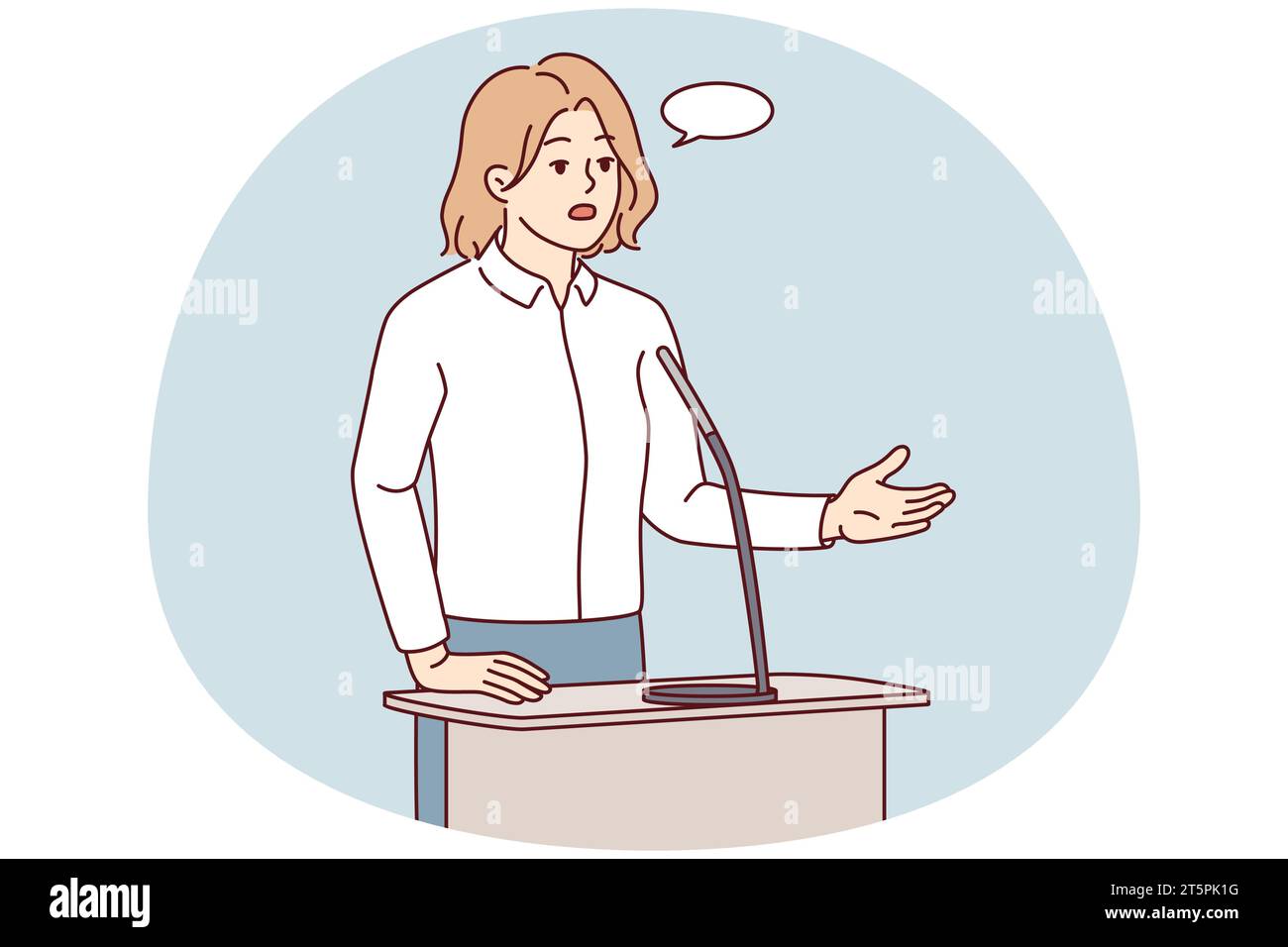 Successful businesswoman talk in microphone at business conference or ...