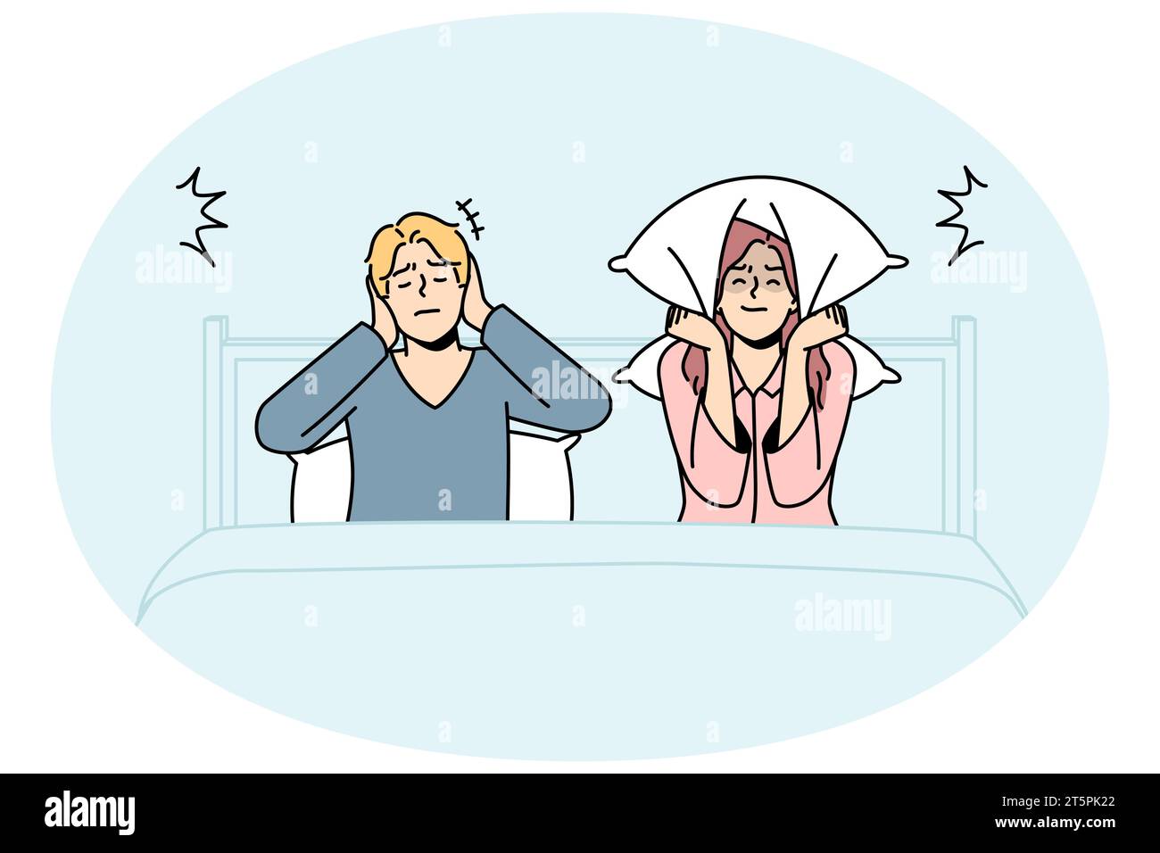 Unhappy couple in bed suffer from excessive noise unable to sleep ...