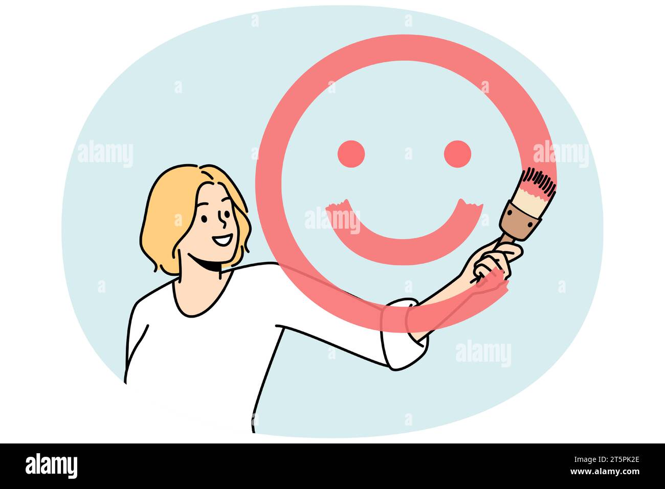Girl paints smiling face with brush and red paint on glass in front of ...