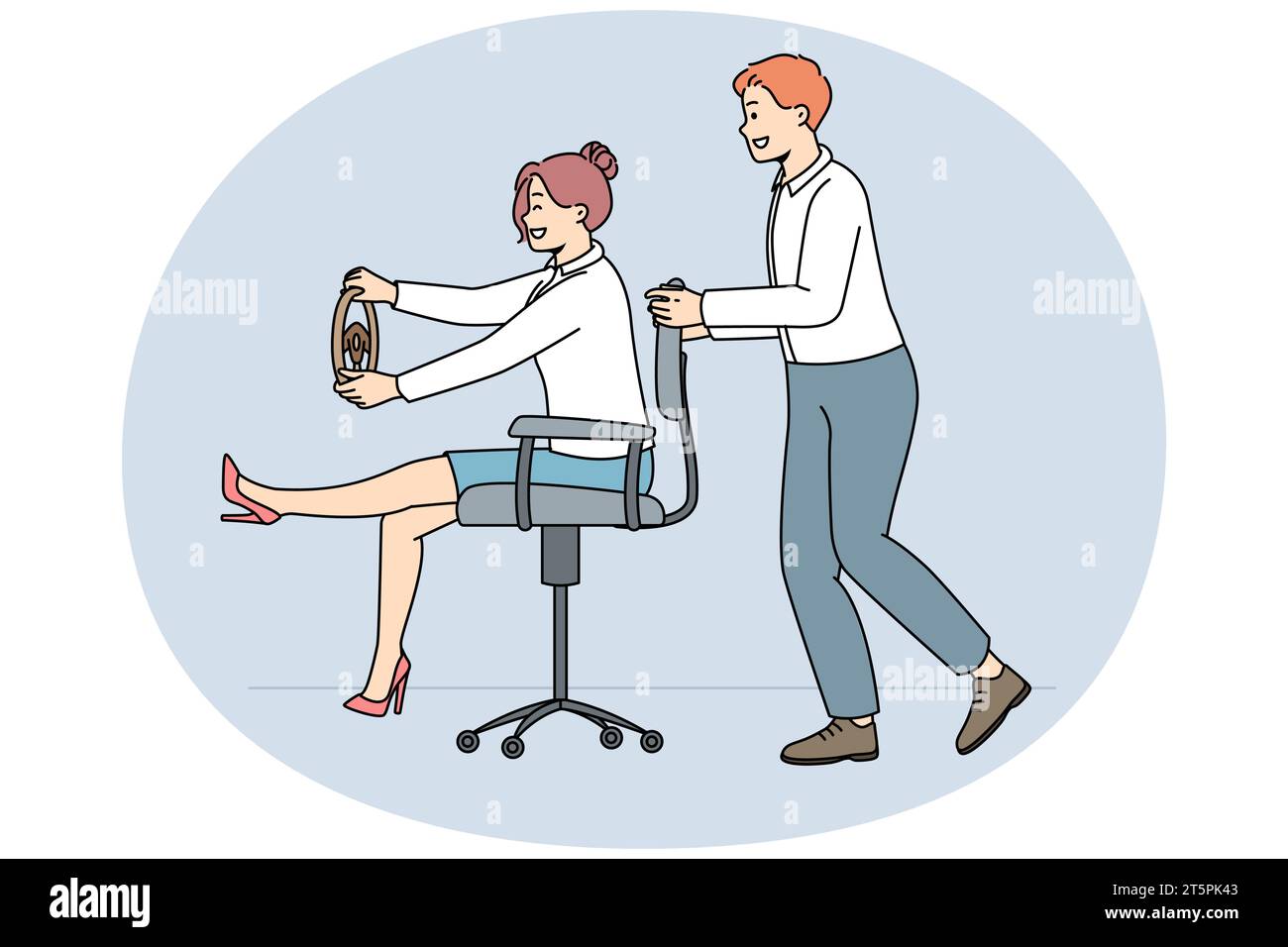 Smiling colleagues relax ride on chairs in office. Happy employees or ...