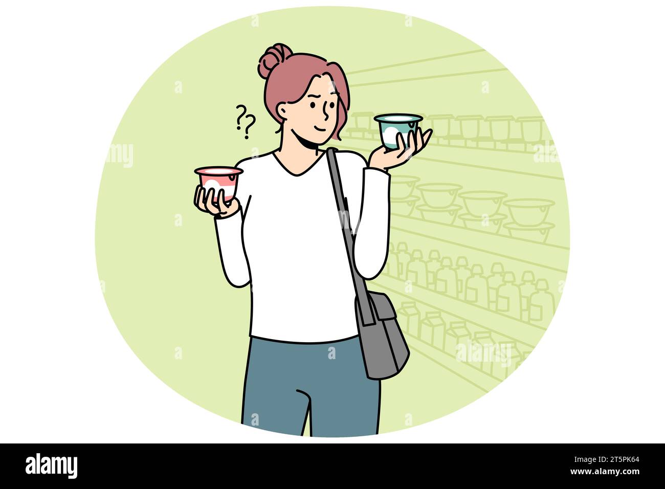 Young woman grocery shopping in supermarket choosing yoghurt. Confused ... Young woman grocery shopping in supermarket choosing yoghurt. Confused ...