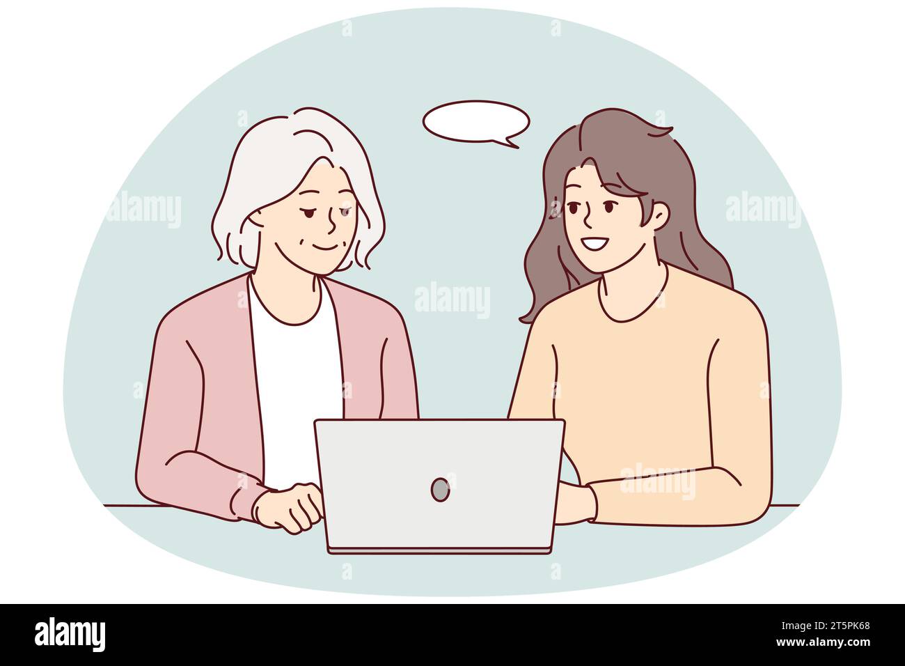 Smiling young woman help elderly female deal with modern laptop. Happy ...