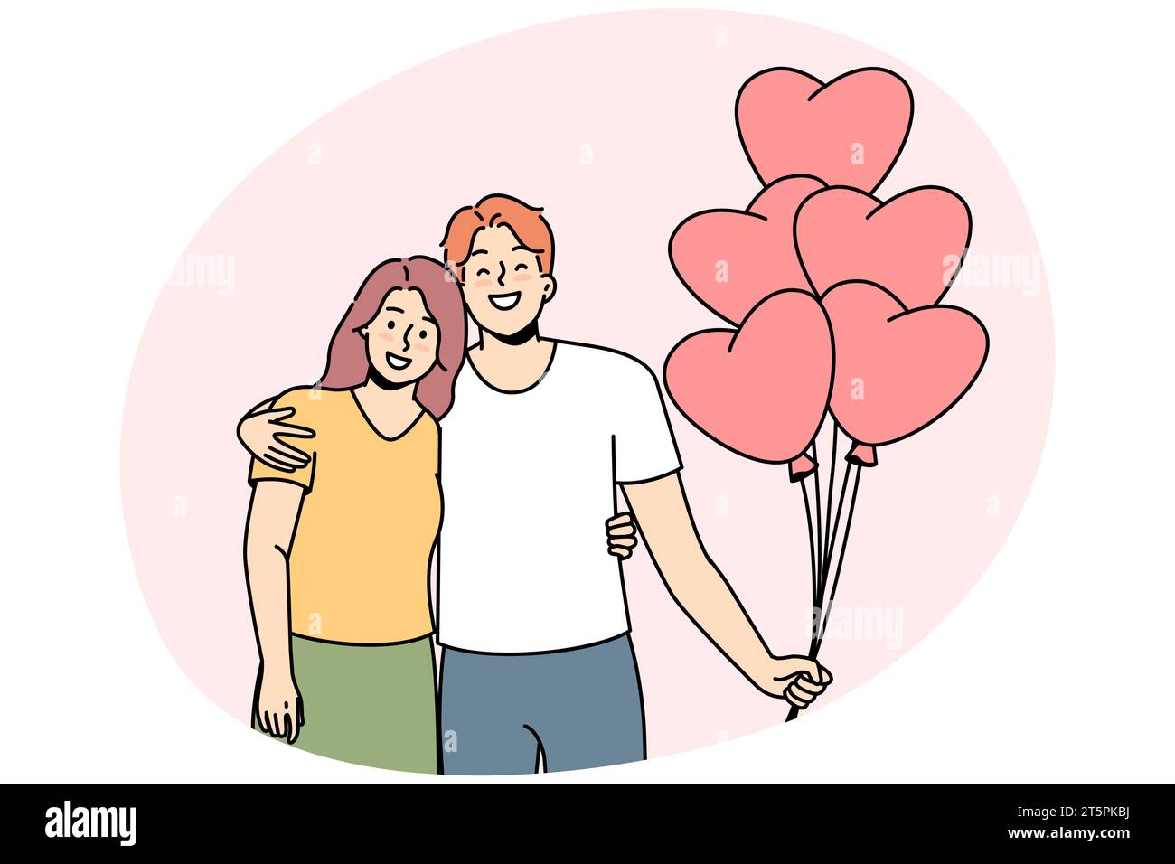 Smiling couple hug holding bunch of balloons in heart shape. Happy man ...