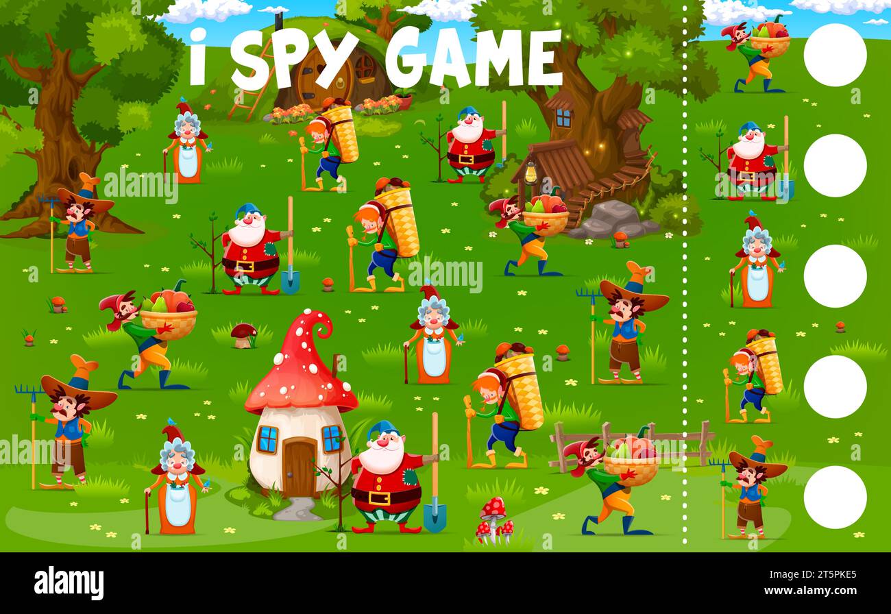 I spy game worksheet with cartoon fairytale funny gnomes at village ...