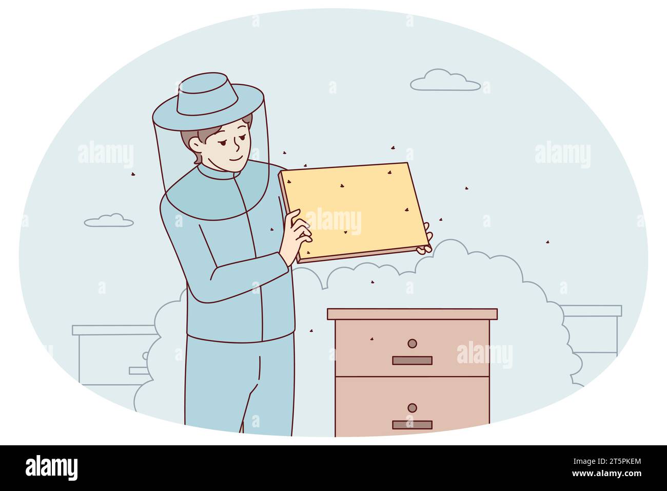 Beekeeper in costume work with bee combs in garden. Man apiarist at bee ...