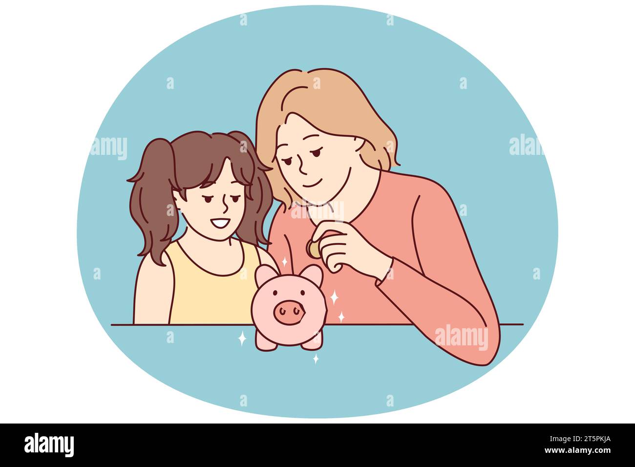 Mother and daughter saving money in piggybank. Mom and girl child put ...
