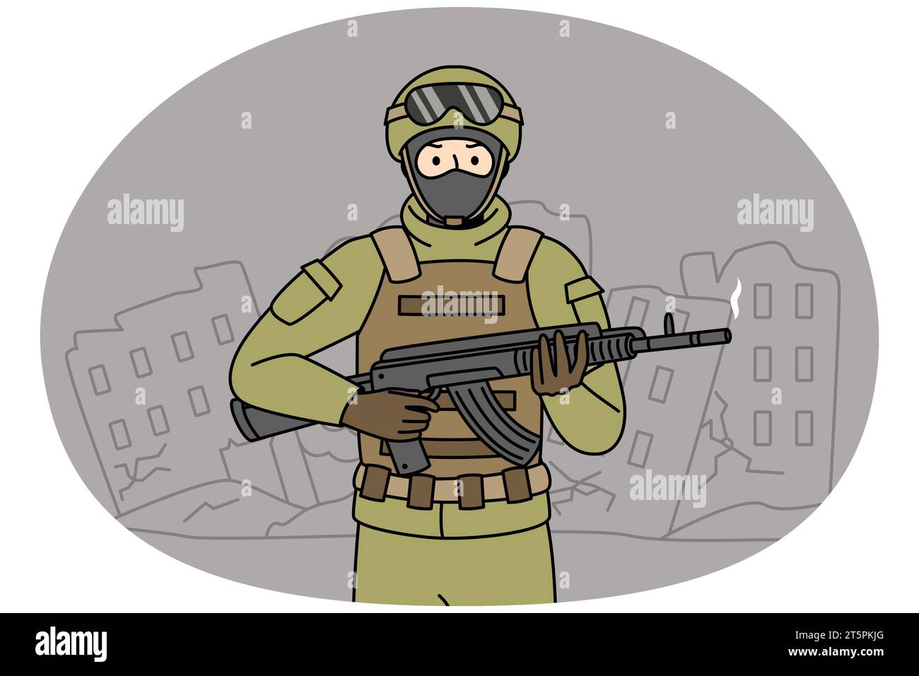 Male soldier in uniform hold rifle stand on city ruins. Serviceman in ...