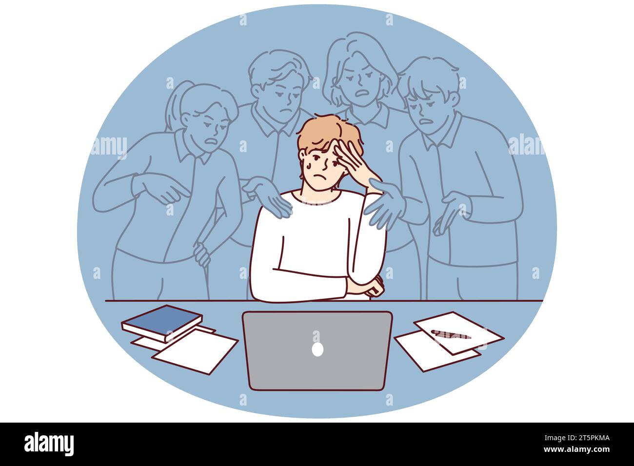 Stressed young man feel pressure by society opinion working on computer ... Stressed young man feel pressure by society opinion working on computer ...