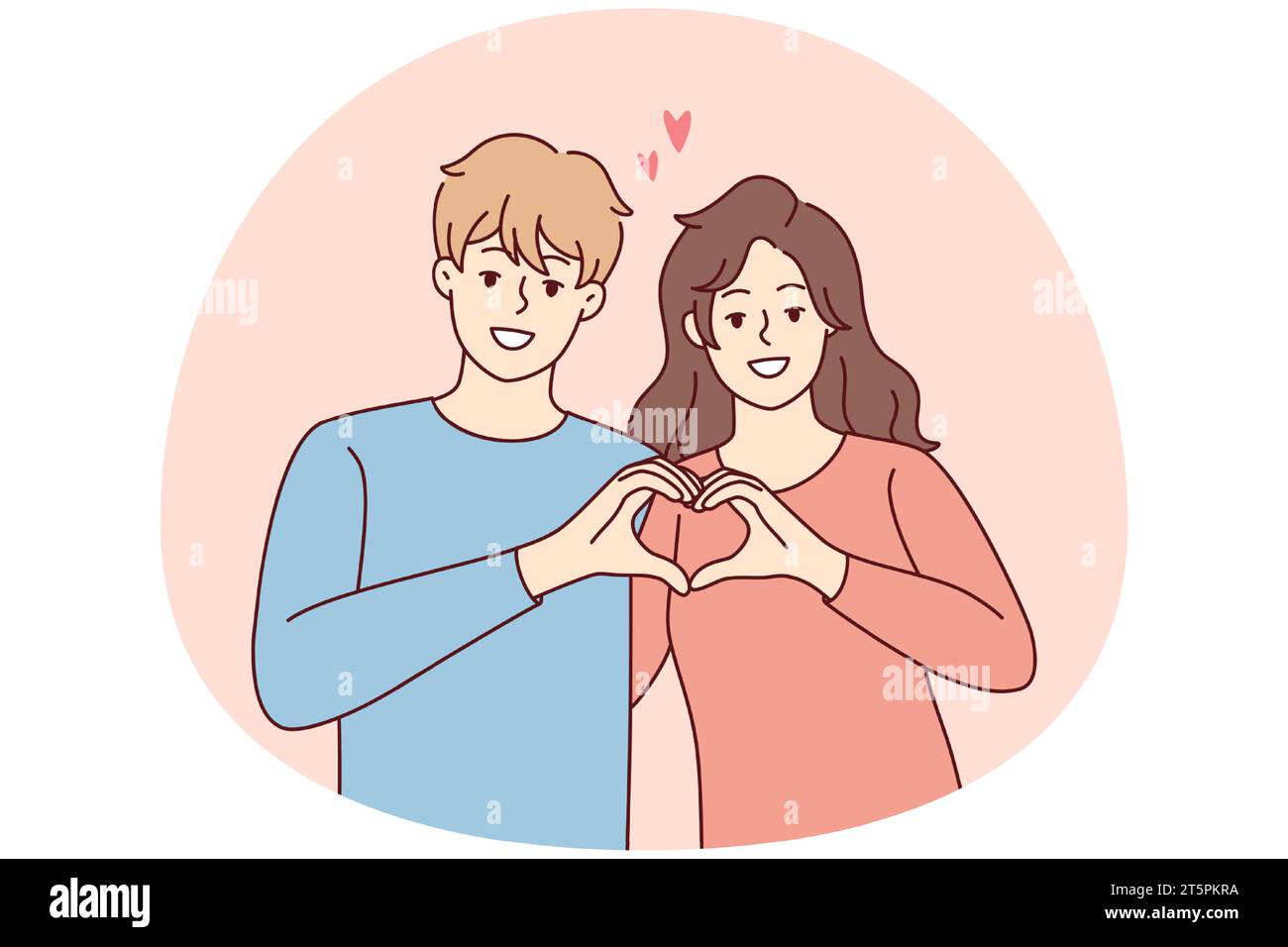 Smiling couple hug show heart hand gesture. Happy man and woman ...