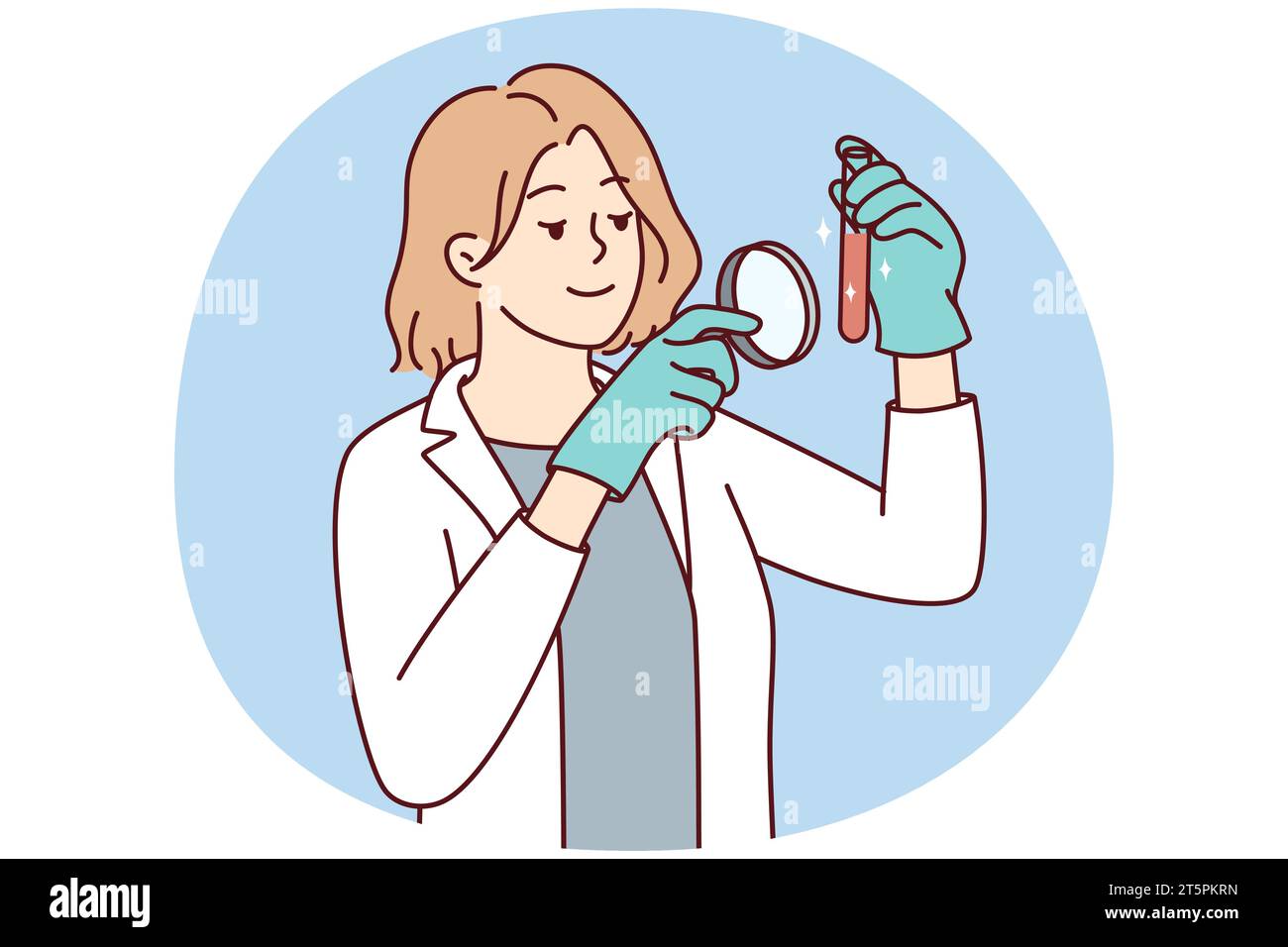 Female scientist in white medical uniform explore tube with magnifying ...