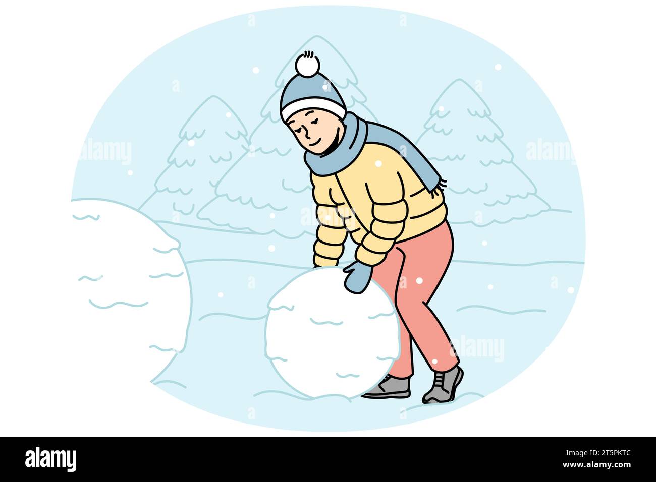 Child rolls big snowball to make snowman outdoors. Boy creates snow ...