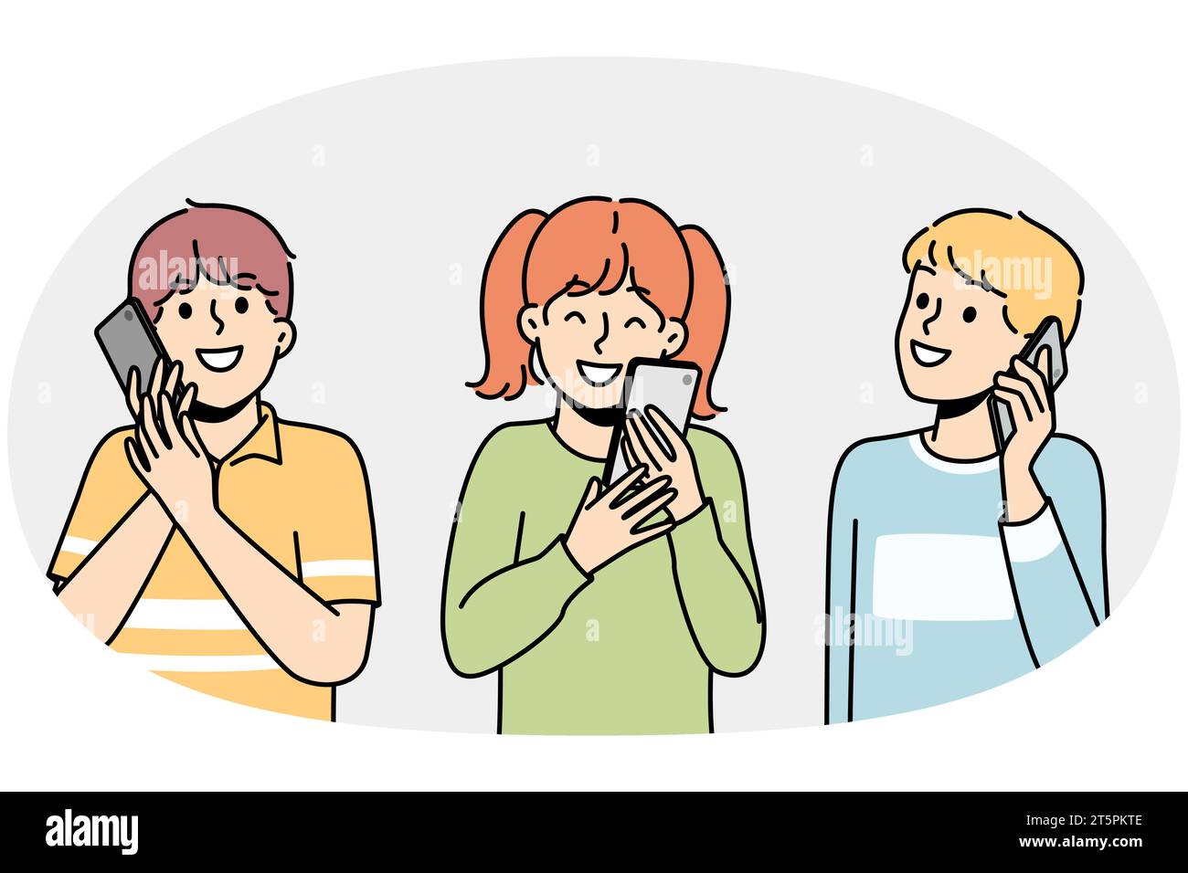 Smiling little kids talk on modern cellphone gadgets. Happy small ...
