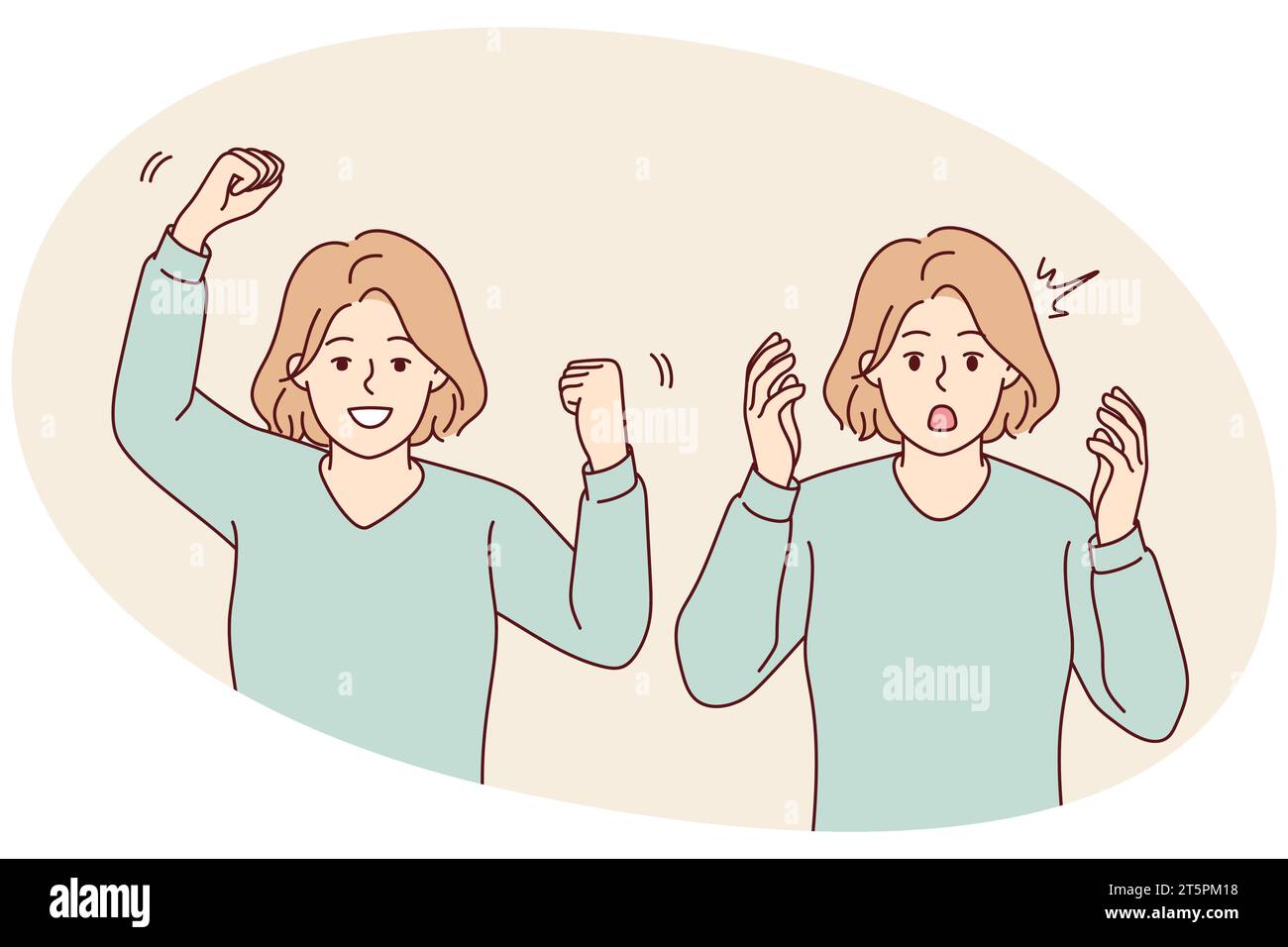 Young woman feeling unhappy and happy showing different emotions ...