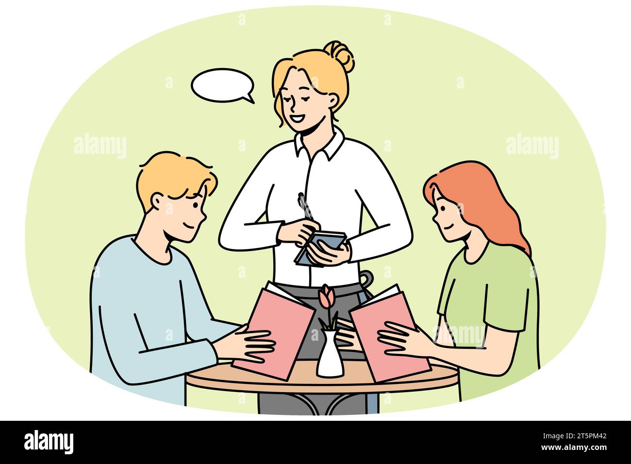 Waitress takes order from young couple in restaurant. Guy and girl ...