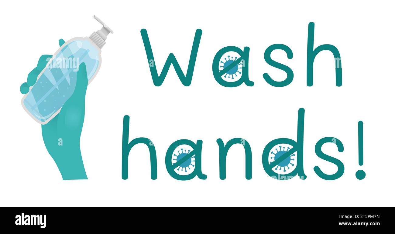 Wash hands text and a hand holding hands sanitizer. Isolated on white ...
