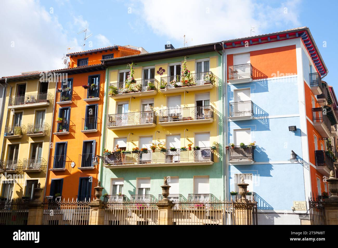 Pamplona city center, colorful facade in Castle plaza, Spain. Pampeluna ...