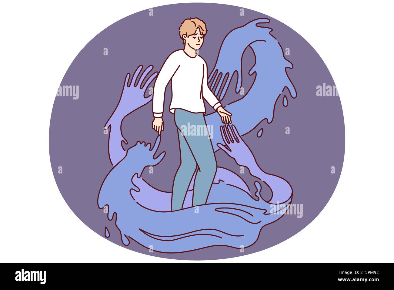 Young man surrounded by huge multiple hands. Guy influenced and ...