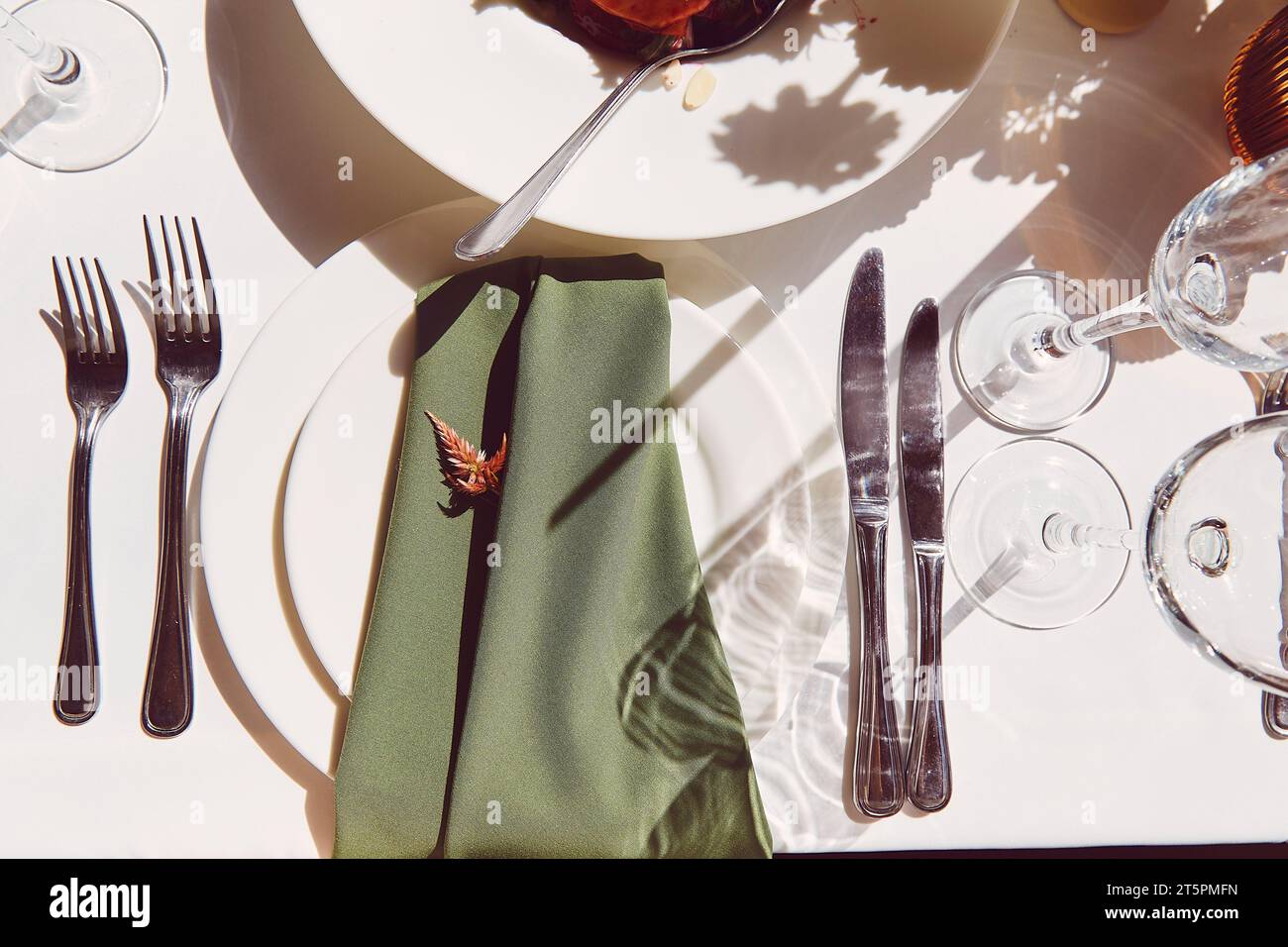Graceful chambers table setting, arranged flowers with natural light ...