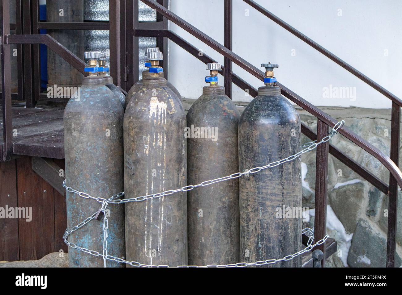 Close-up of steel cylinders with compressed gas - argon, carbon dioxide ...
