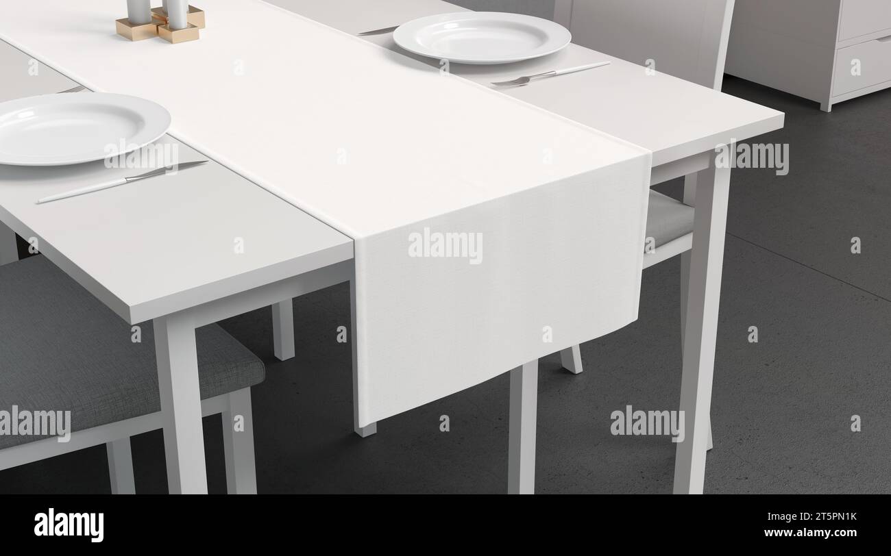Blank white table runner and dishes mockup crop, interior background ...