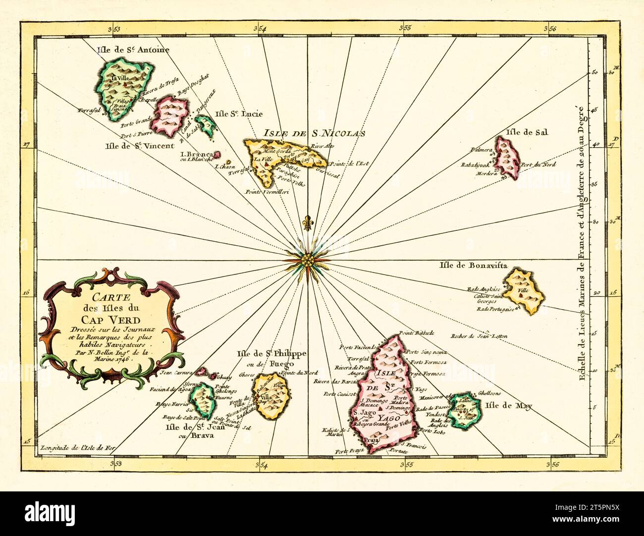 Old map of Cape Verde Archipelago, Atlantic Ocean. By Bellin, publ. in 1746 Stock Photo - Alamy
