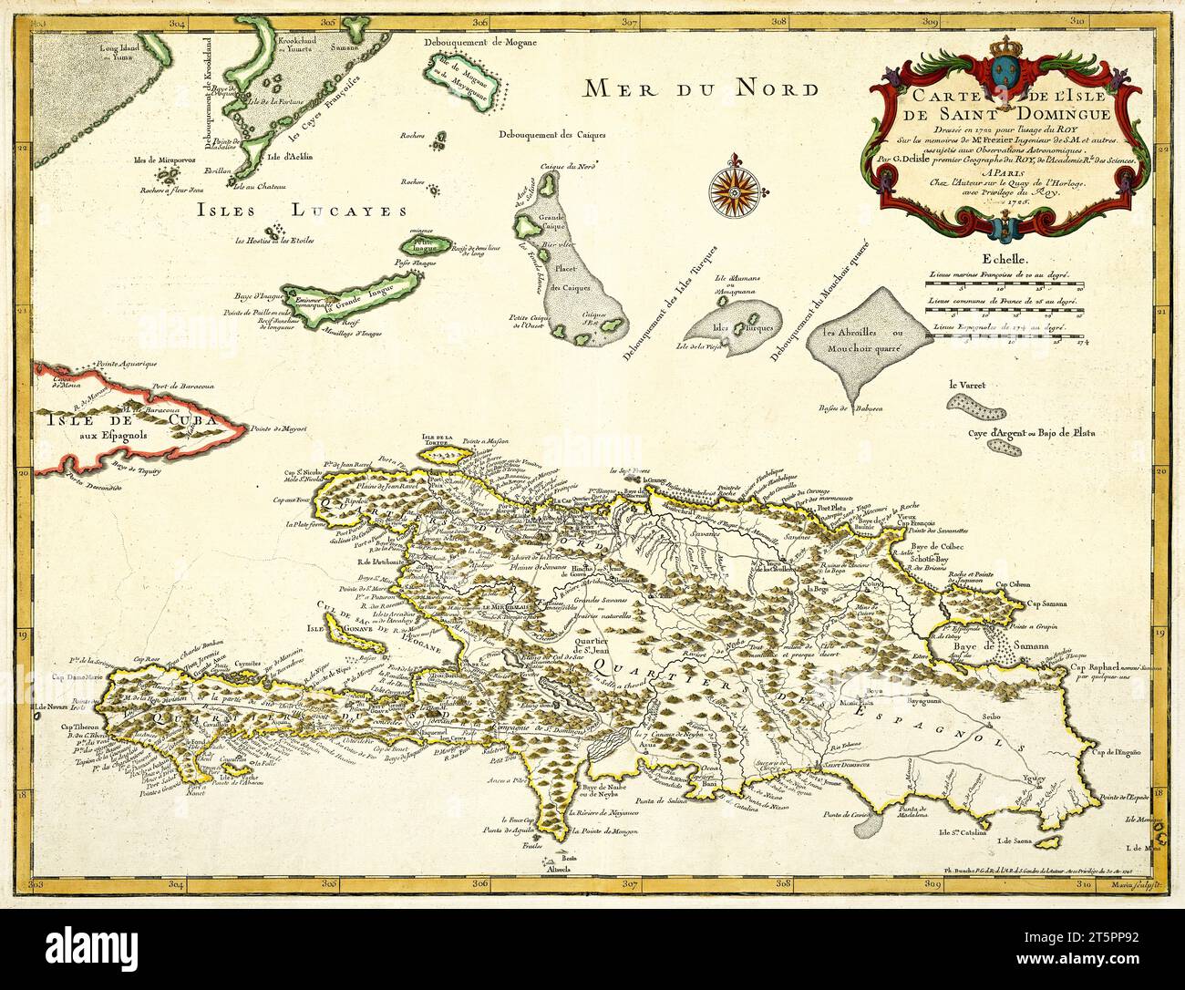 Old map of Hispaniola island. By L'Isle, publ. 1725 Stock Photo - Alamy