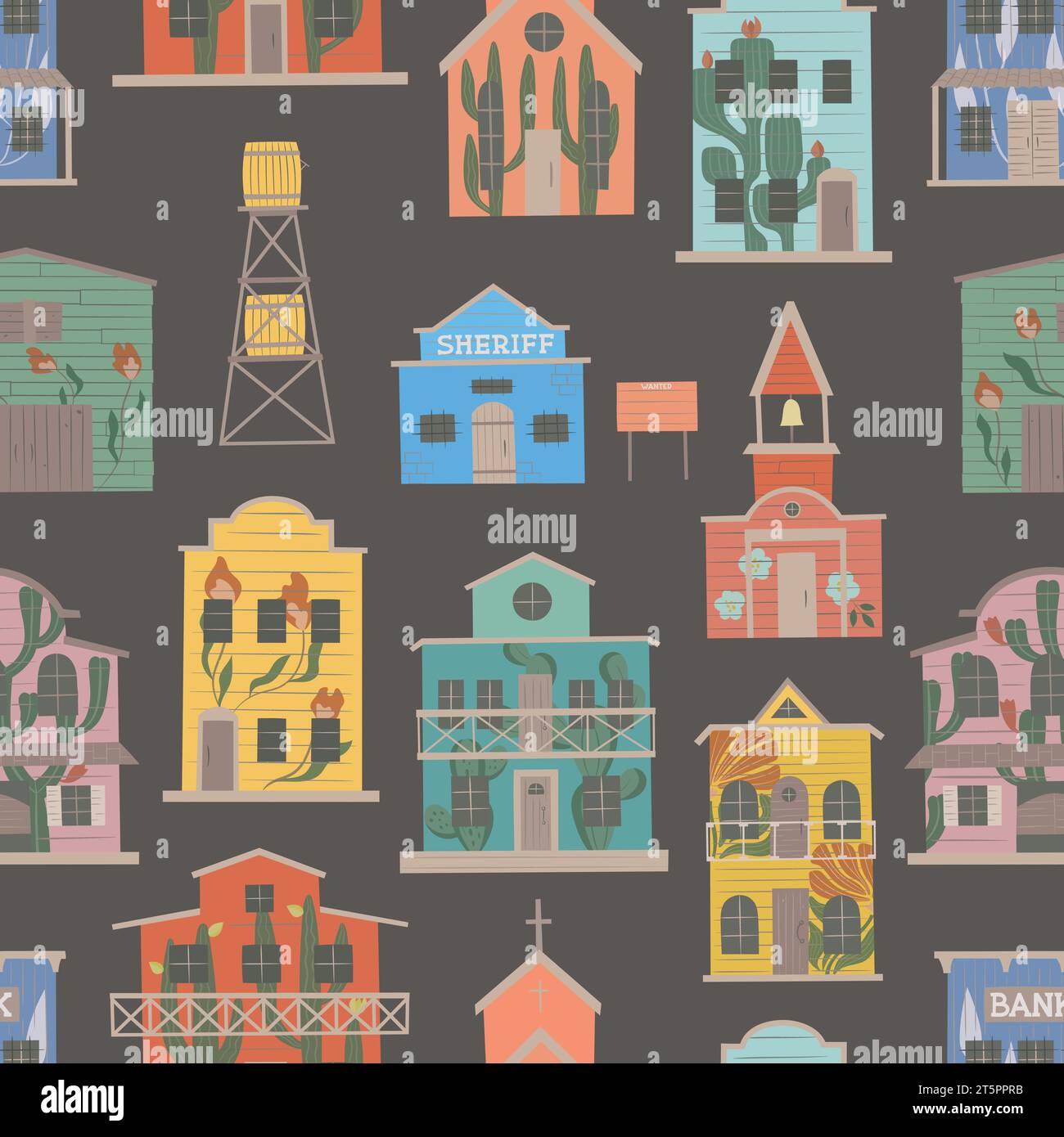 Bright wild west town houses. Western street with floral graffities ...