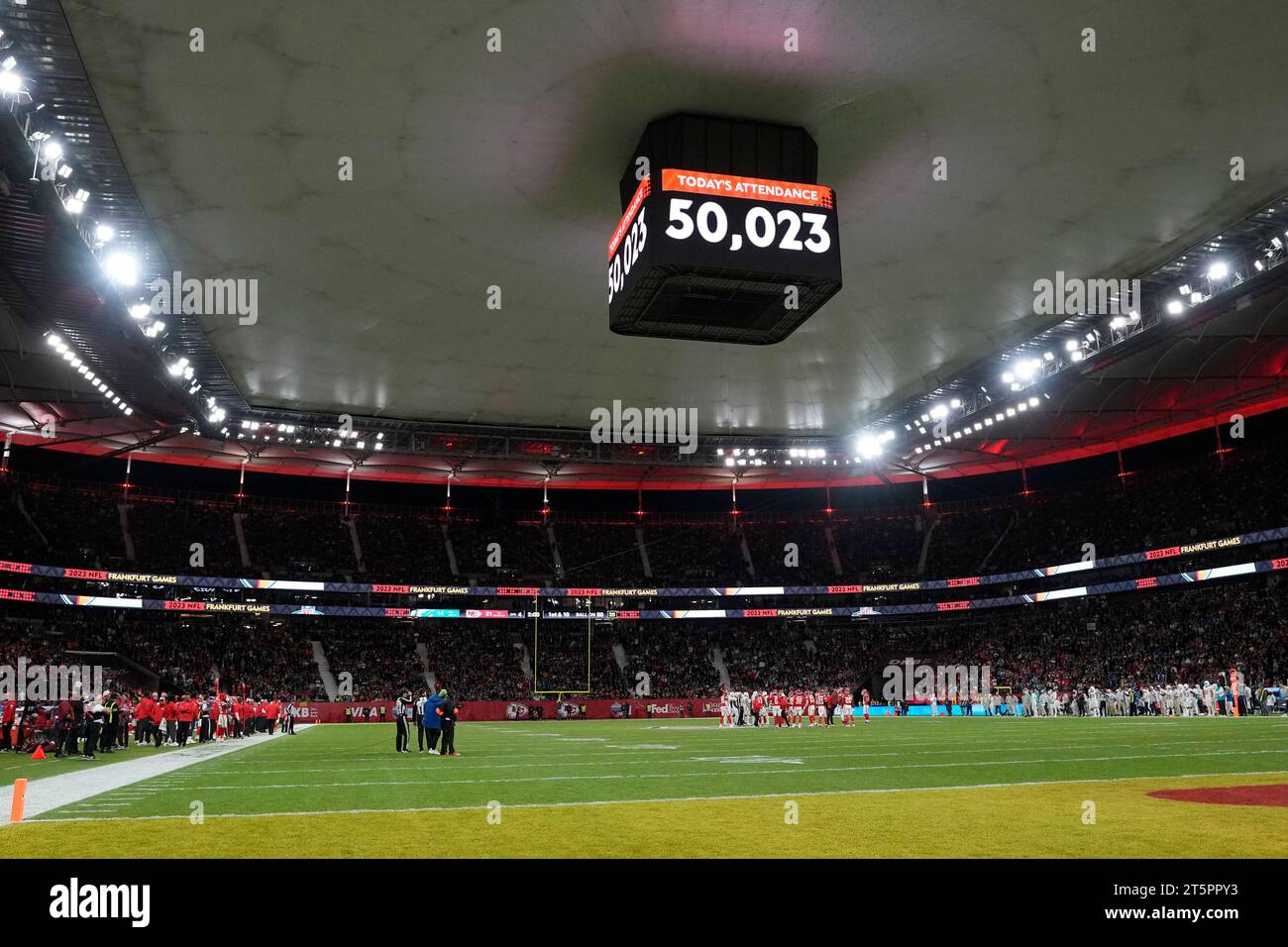The jumbotron displays the stadium attendance during an NFL football ...