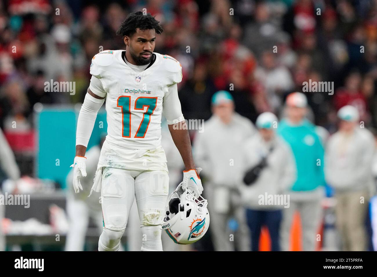 Miami Dolphins Wide Receiver Jaylen Waddle 17 Stands On The Field