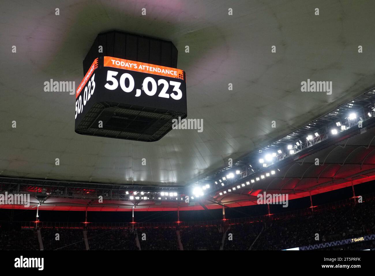 The jumbotron displays the stadium attendance during an NFL football ...
