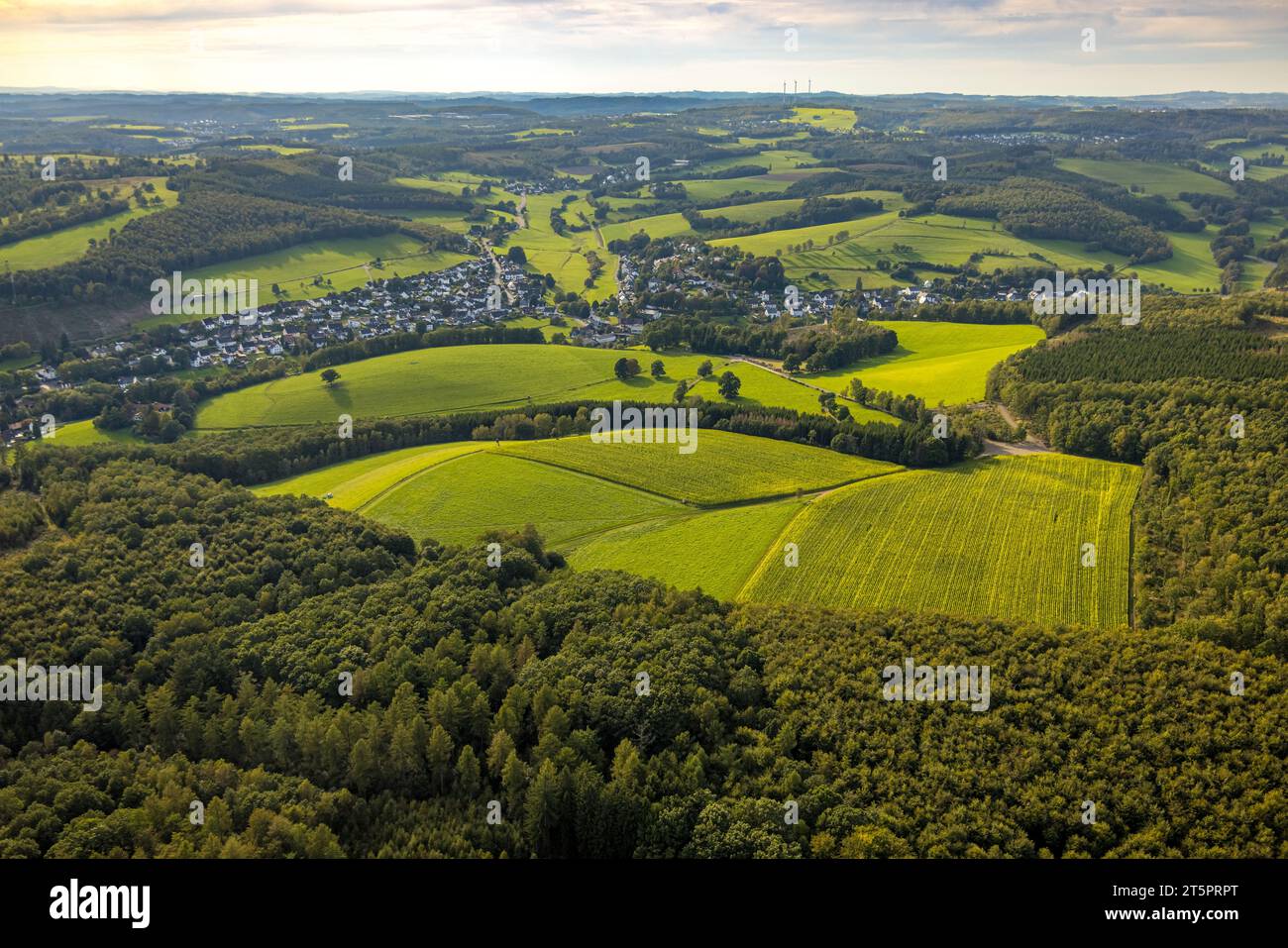 Aerial view, hilly landscape with meadows and fields, view to Langenholdinghausen, Siegen ...