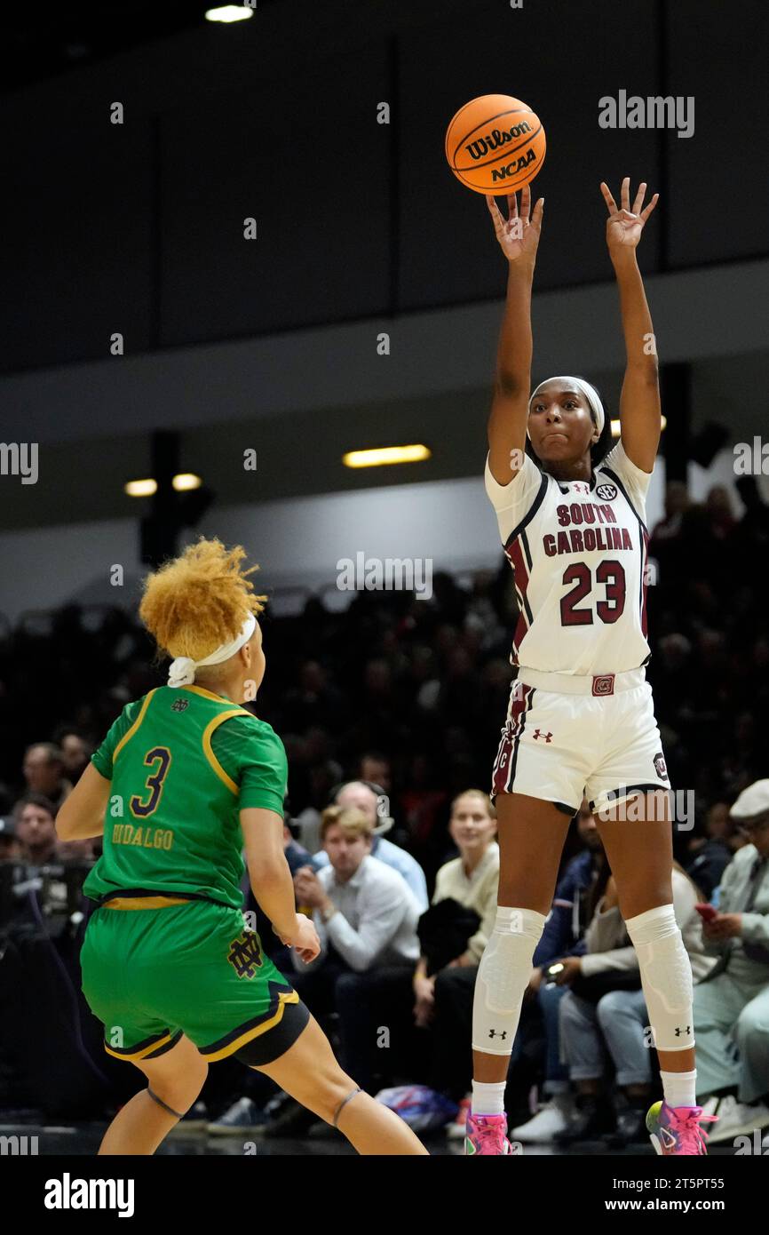 South Carolina guard Bree Hall (23) shoots over Notre Dame guard Hannah Hidalgo (3) during the ...