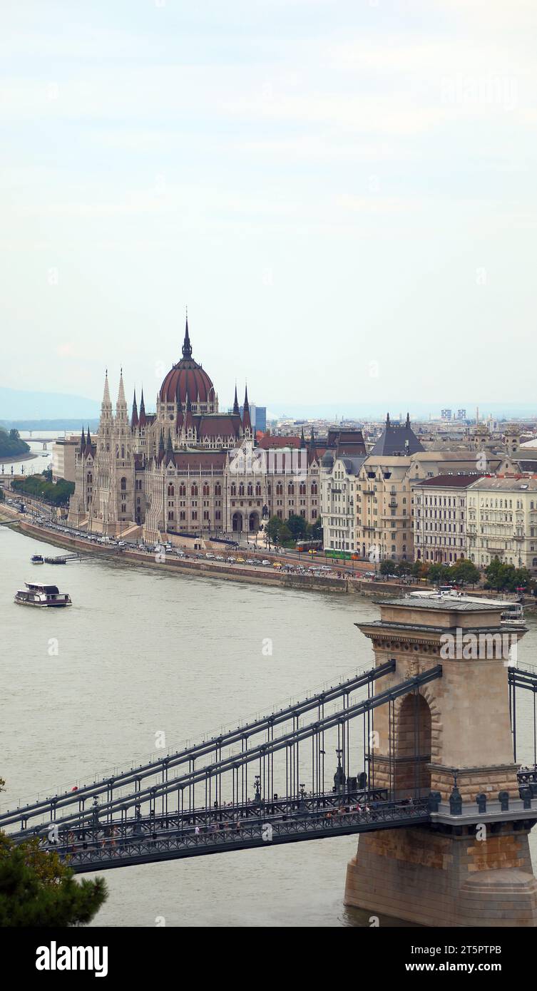 Budapest, B, Hungary - August 18, 2023: Hungarian Parliament building and Chain Bridge over ...