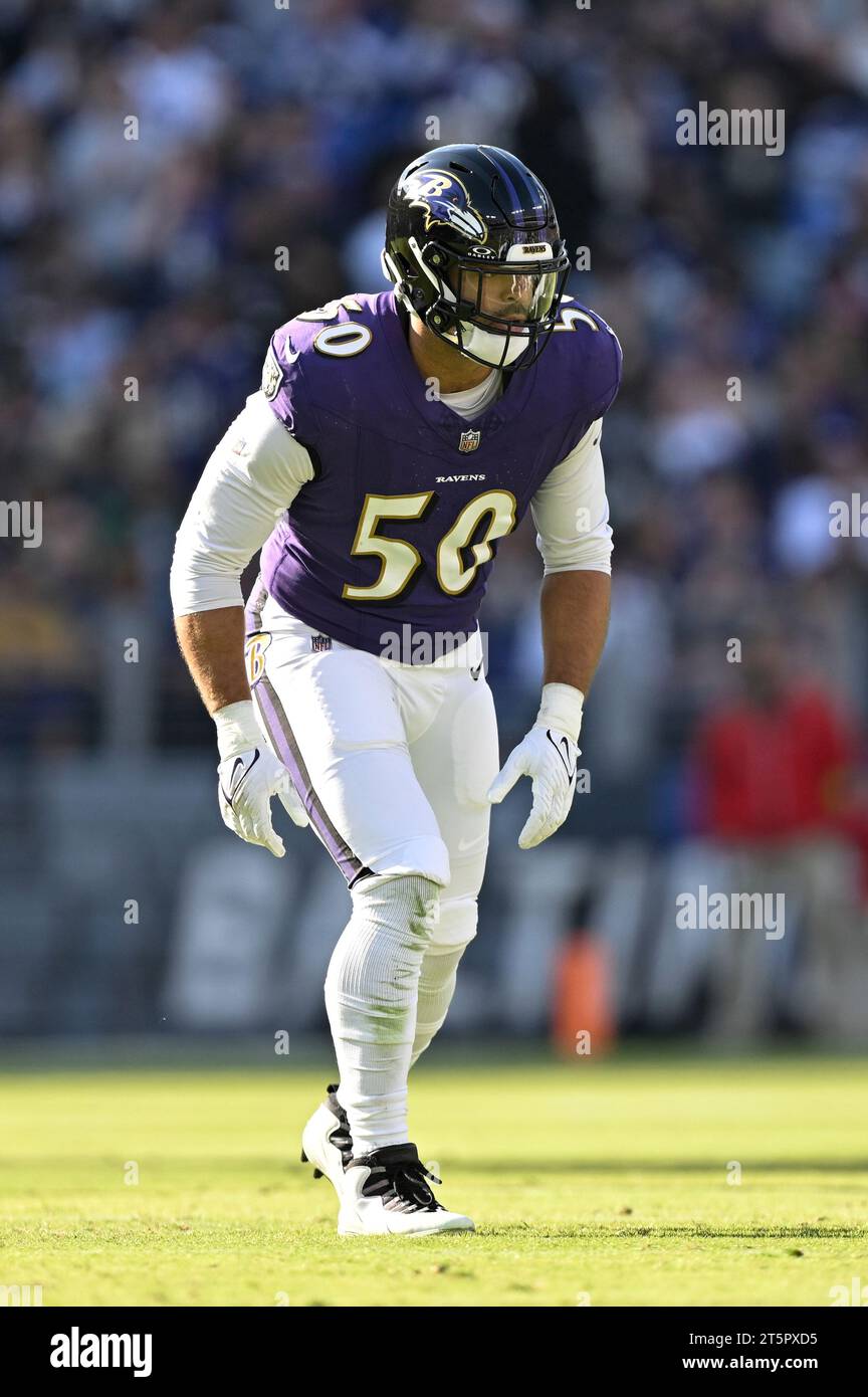 Baltimore Ravens linebacker Kyle Van Noy (50) gets in position during ...