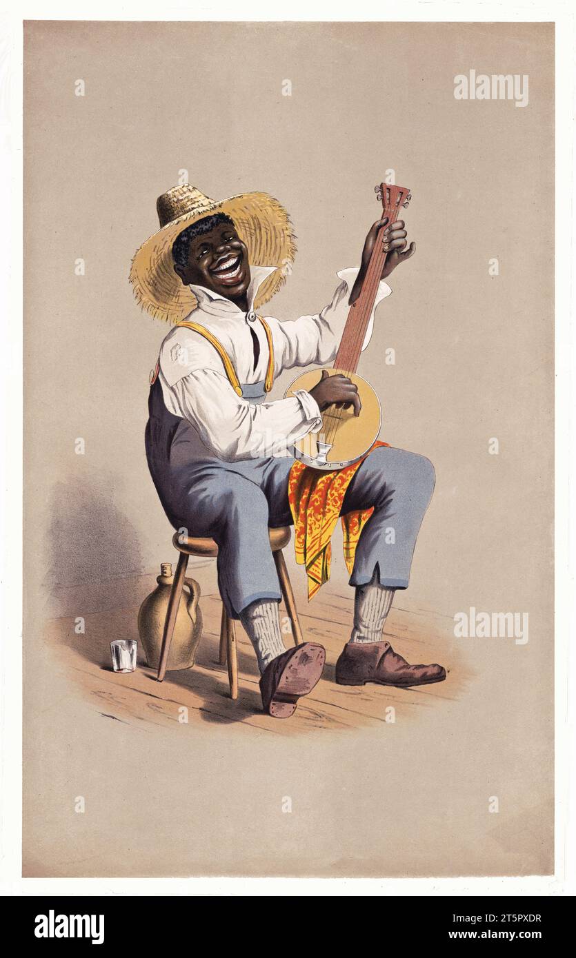 Old illustration depicting colored man playing banjo. By unidentifiet ...
