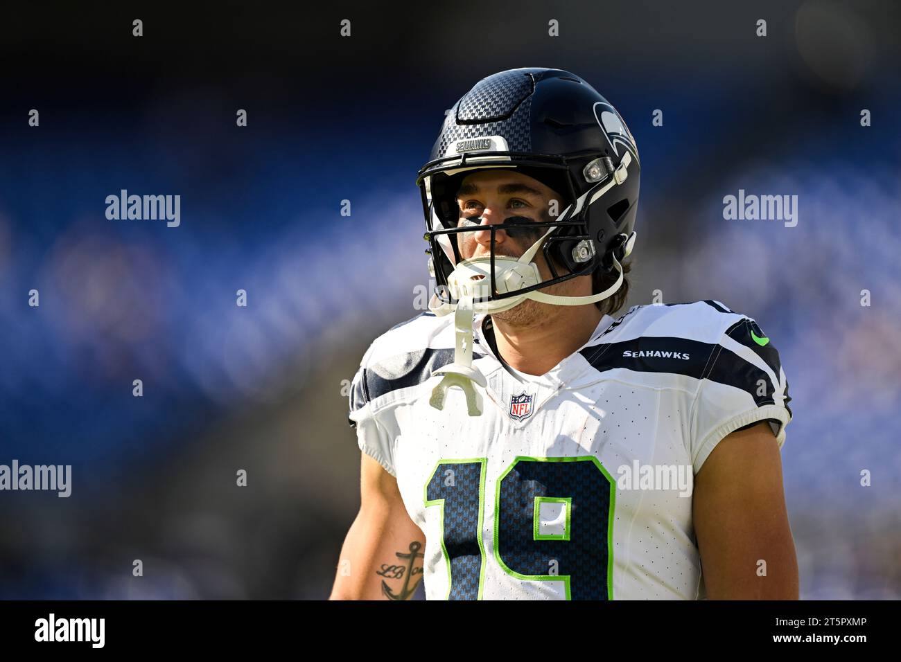 Seattle Seahawks wide receiver Jake Bobo (19) looks on during pre-game ...