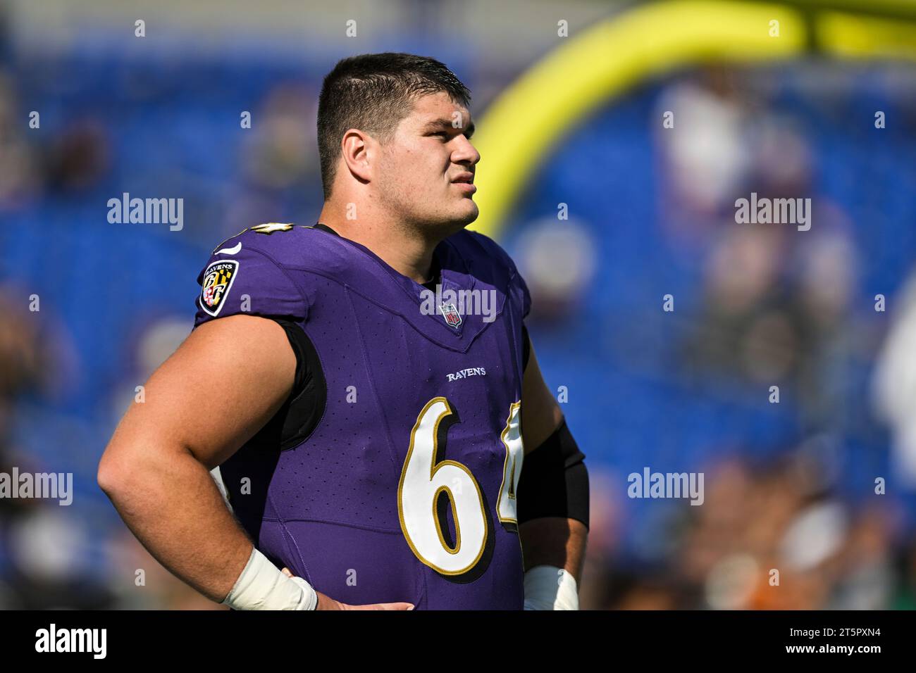 Baltimore Ravens center Tyler Linderbaum (64) looks on during pre-game ...