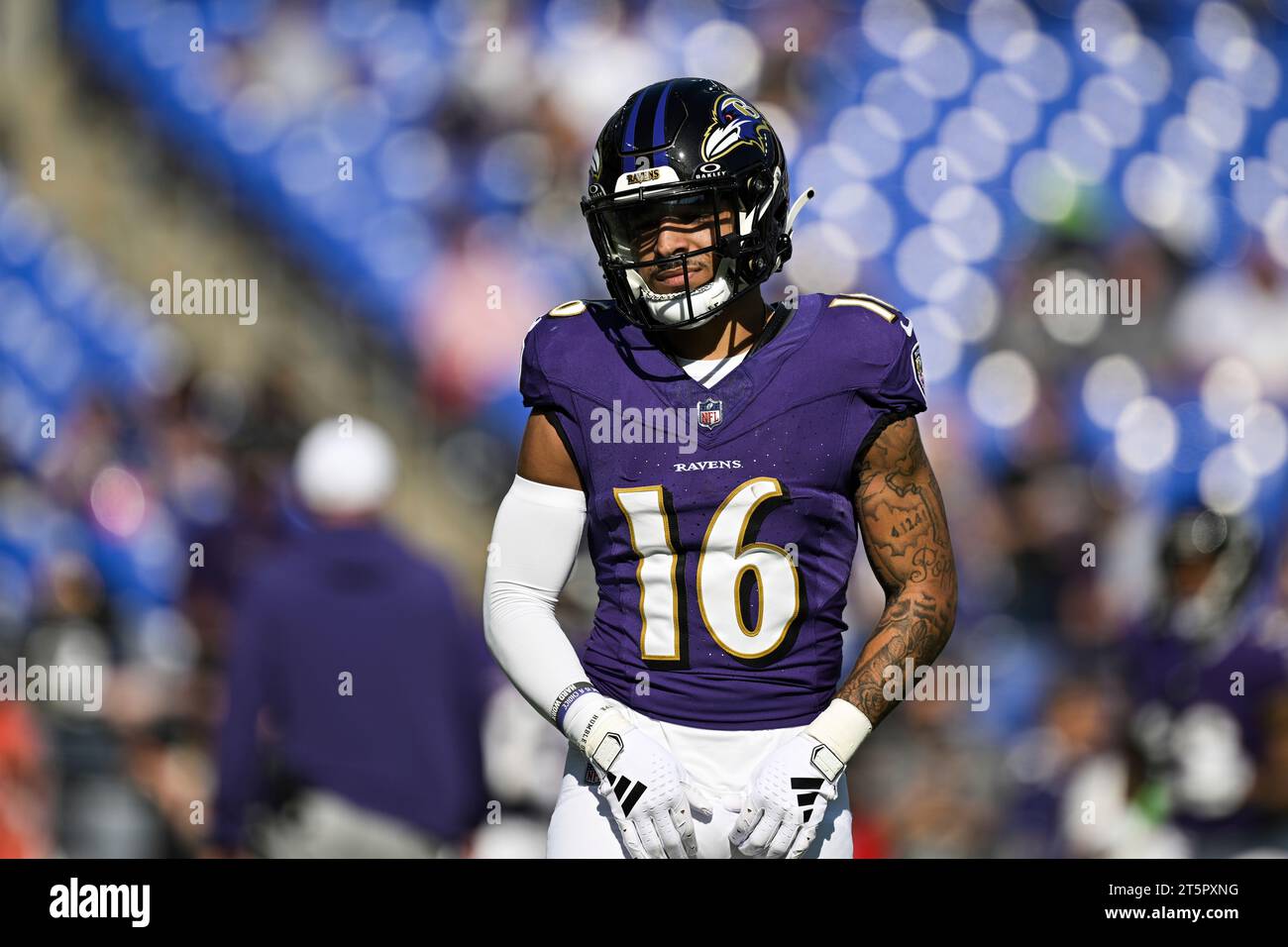 Baltimore Ravens wide receiver Tylan Wallace (16) looks on during pre ...