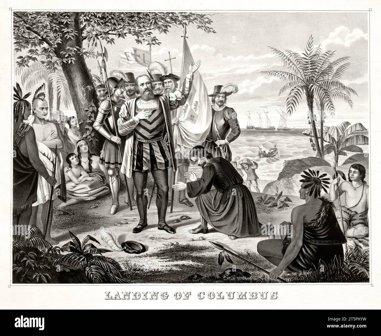 Old illustration depicting Christopher Columbus landing in the new ...