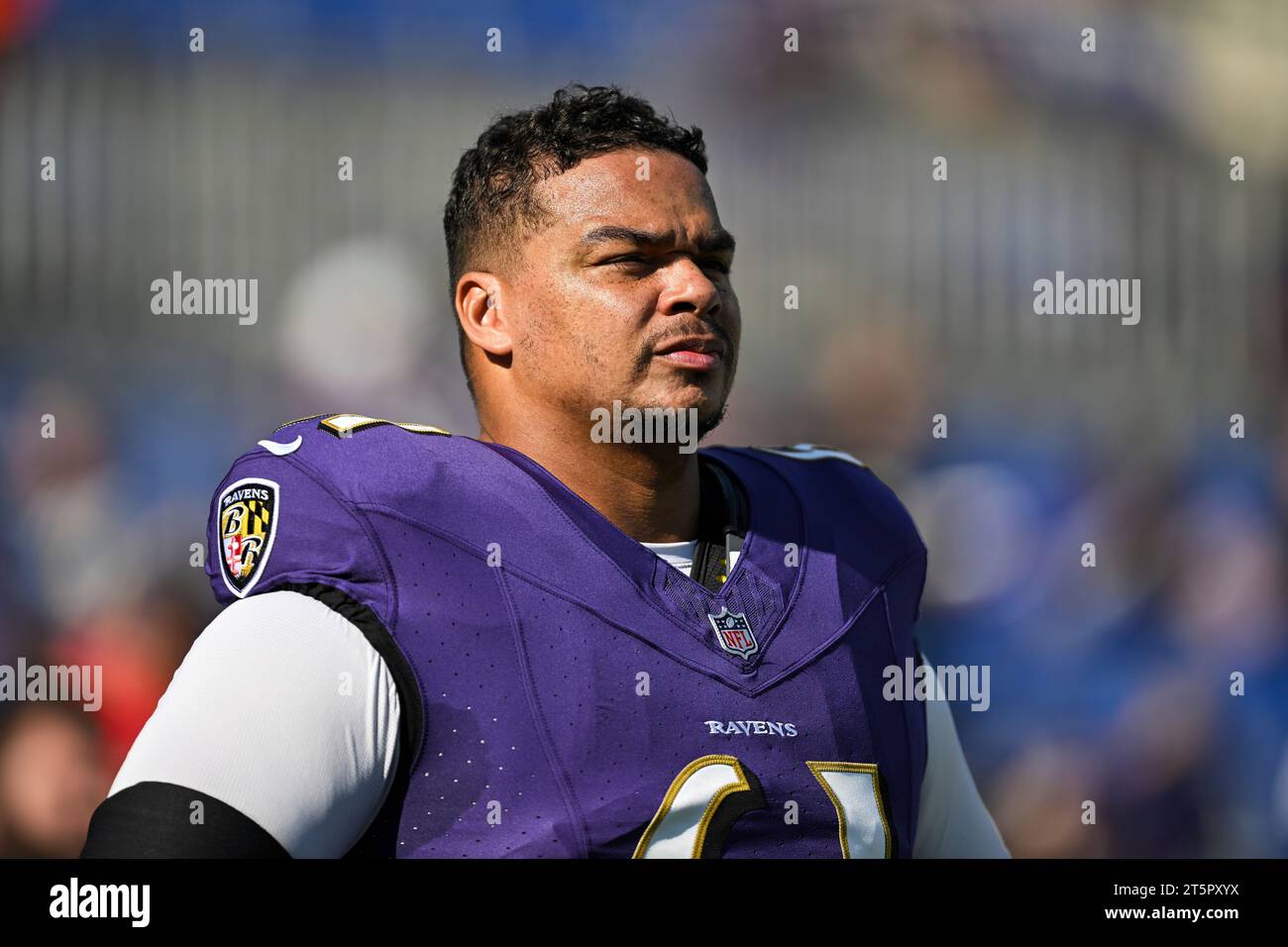 Baltimore Ravens center Sam Mustipher looks on during pre-game warm-ups ...