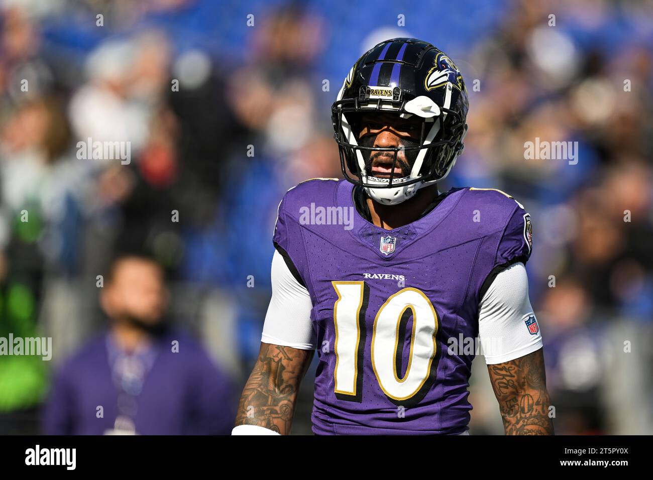 Baltimore Ravens cornerback Arthur Maulet (10) looks on during pre-game ...