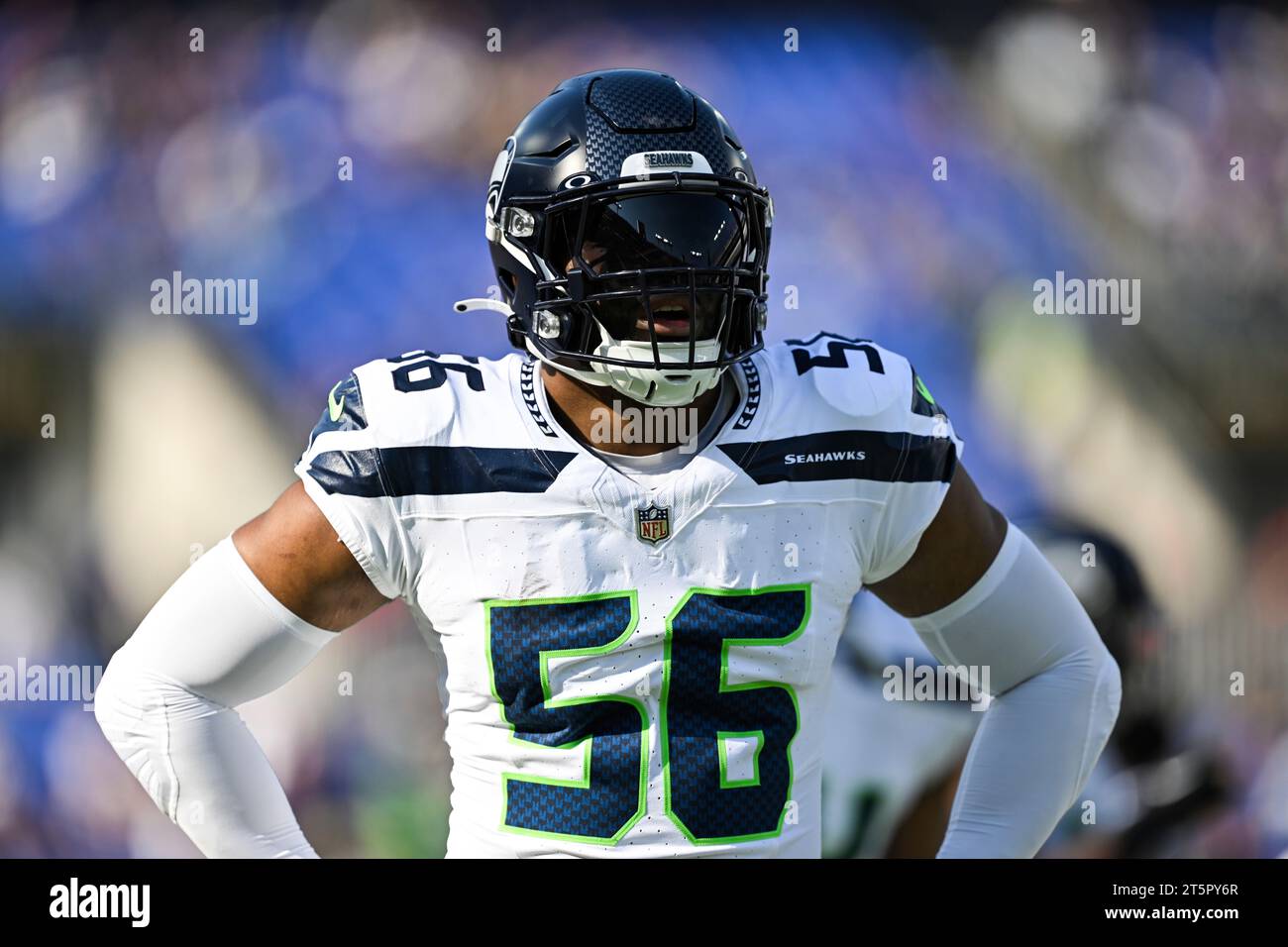 Seattle Seahawks linebacker Jordyn Brooks (56) looks on during pre-game ...