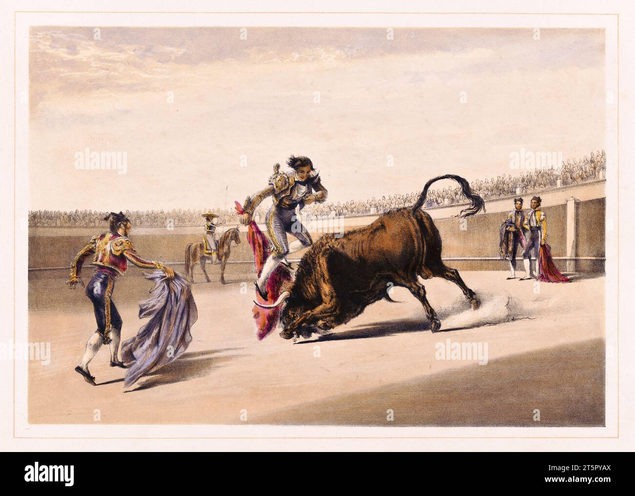 Old illustration showing matador jumping over bull horns. By ...